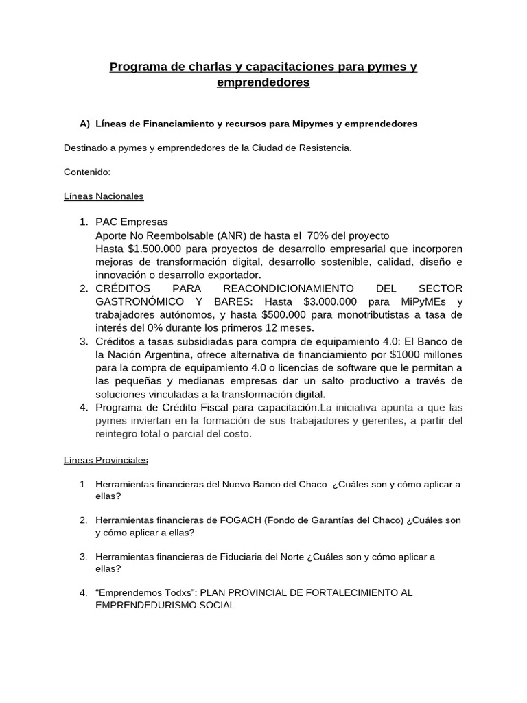 Programa de Charlas y Capacitaciones para pymes y emprendedores | PDF | Pequeñas y medianas ...