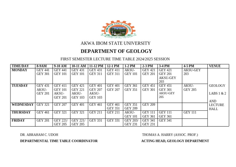 DEPARTMENT OF GEOLOGY First Semester 2024 - 2025 Lecture Time Table | PDF