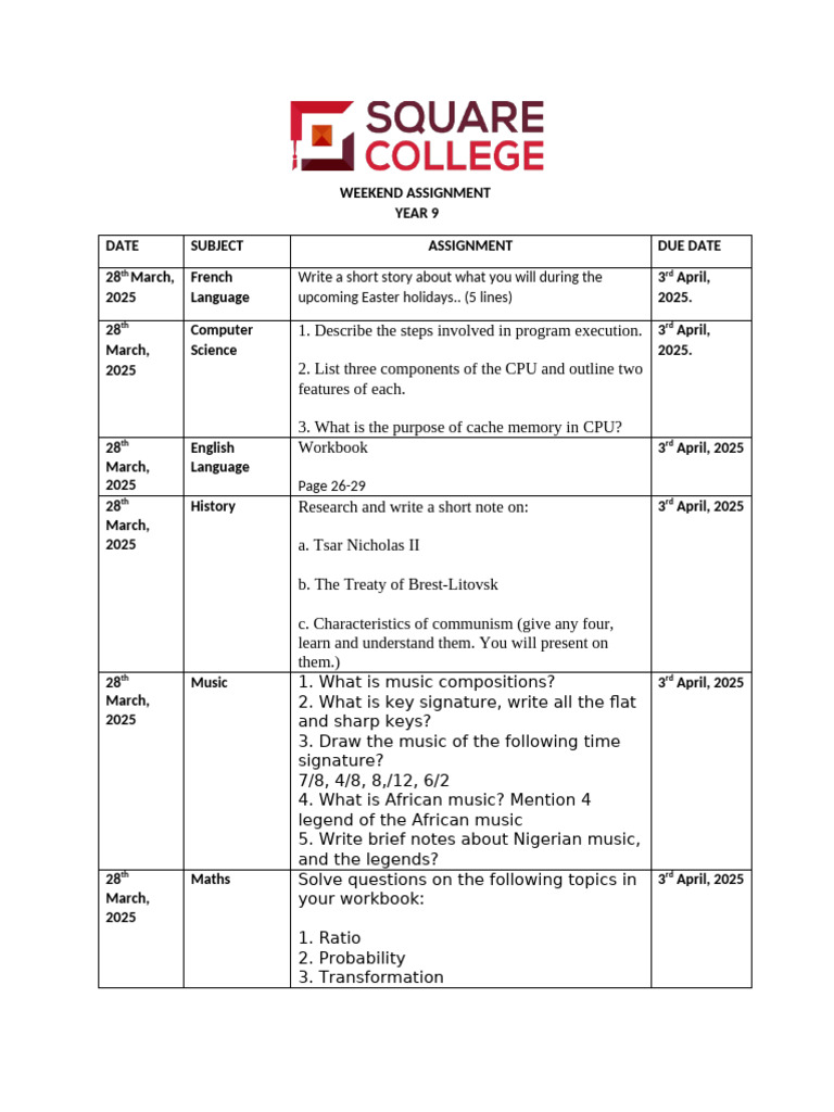 WEEKEND ASSIGNMENT Year 9 | PDF