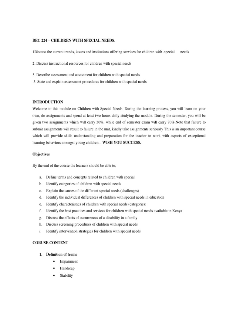Children With Special Needs Ecde 1 | PDF | Hearing Loss | Mental Disorder
