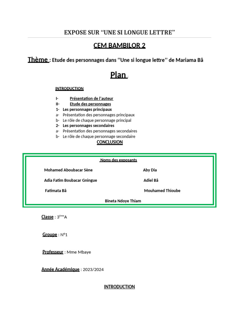 Étude des personnages de Mariama Bâ | PDF