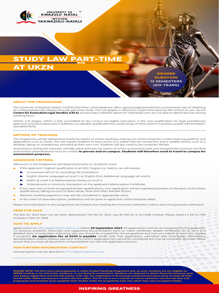 UKZN Part-Time LLB Programme Details | PDF | University And College ...