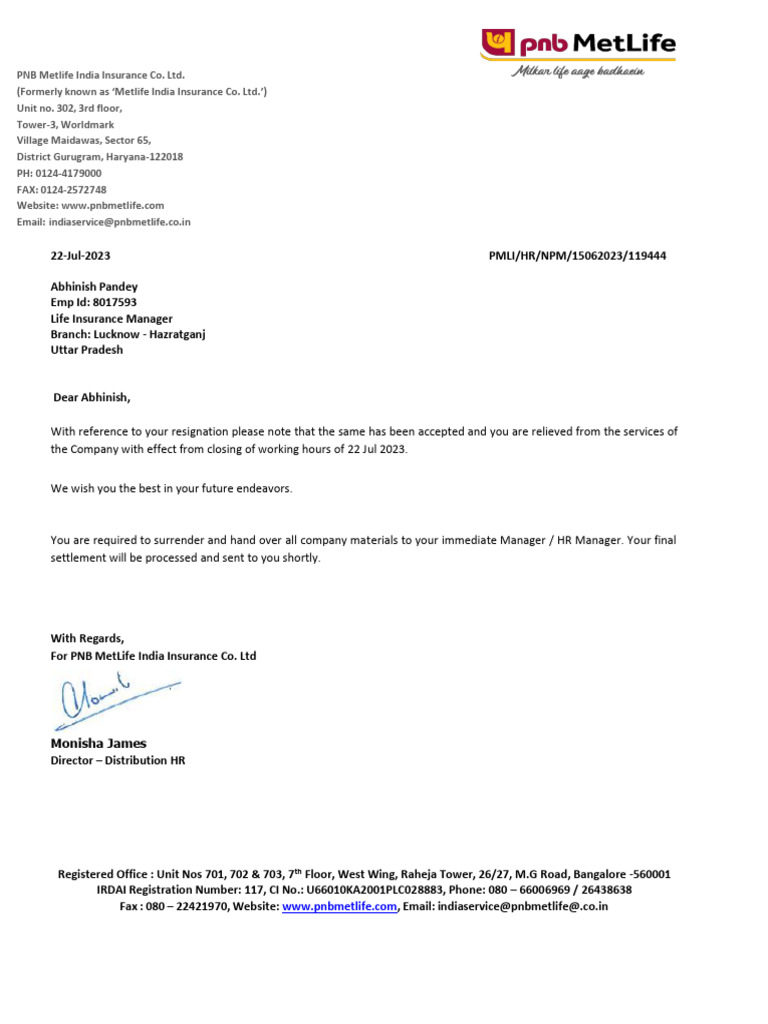 PNB Relieving Letter | PDF