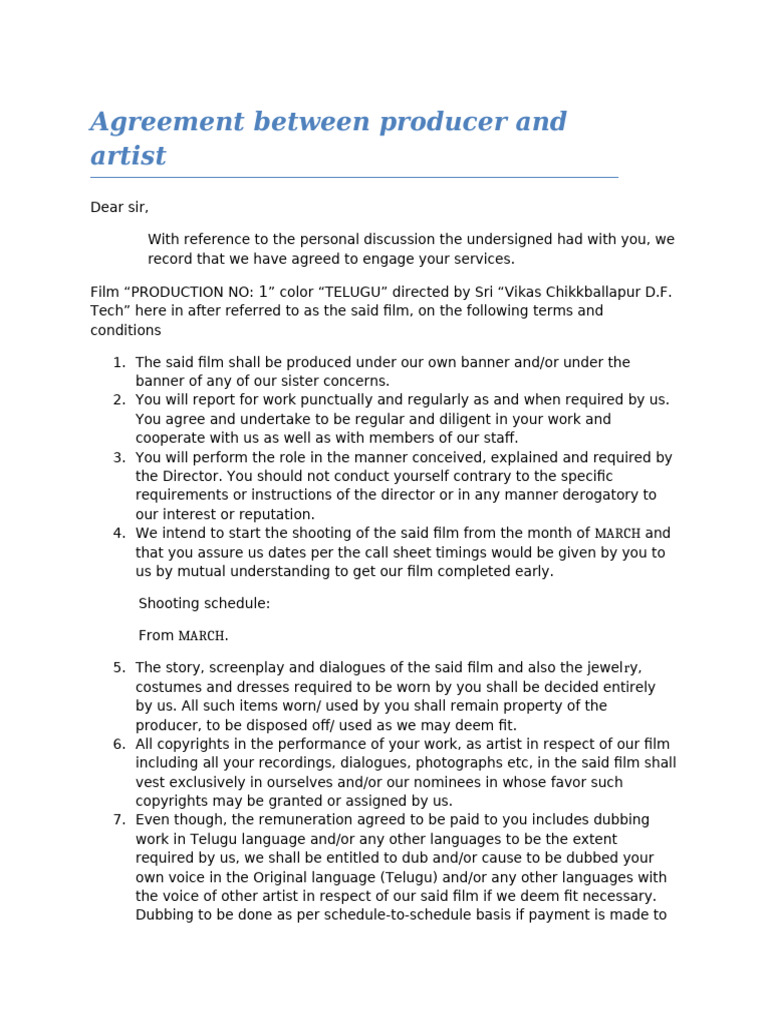 Producer-Artist Agreement for Film Production | PDF