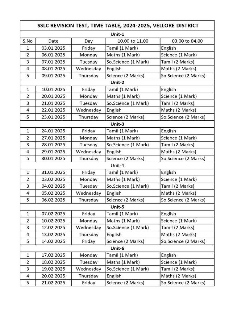 SSLC & HSC 2024-2025 Timetable Vellore | PDF