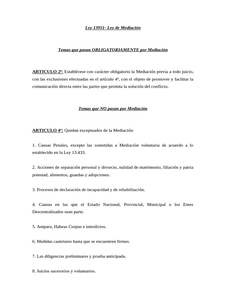 Ley 13951: Mediación Obligatoria y Excepciones | PDF