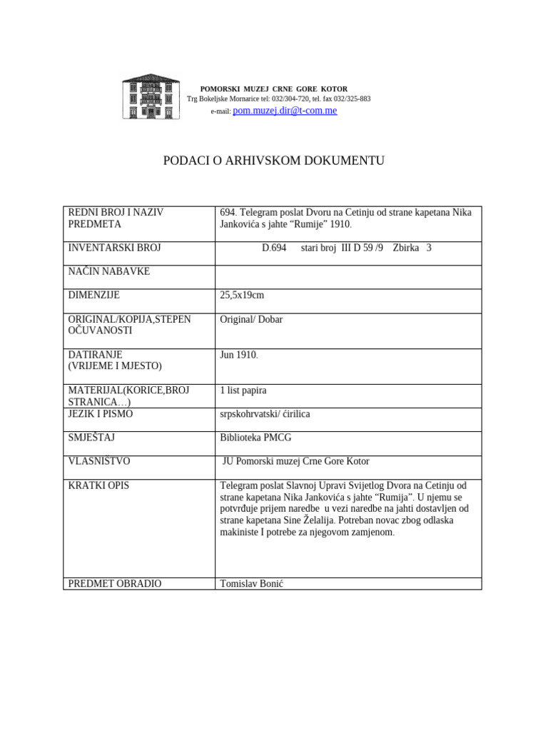 Telegram S Jahte Rumija Iz 1910. | PDF