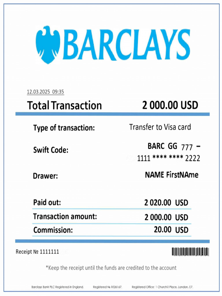Barclays Bank Transfer Receipt Sample | PDF