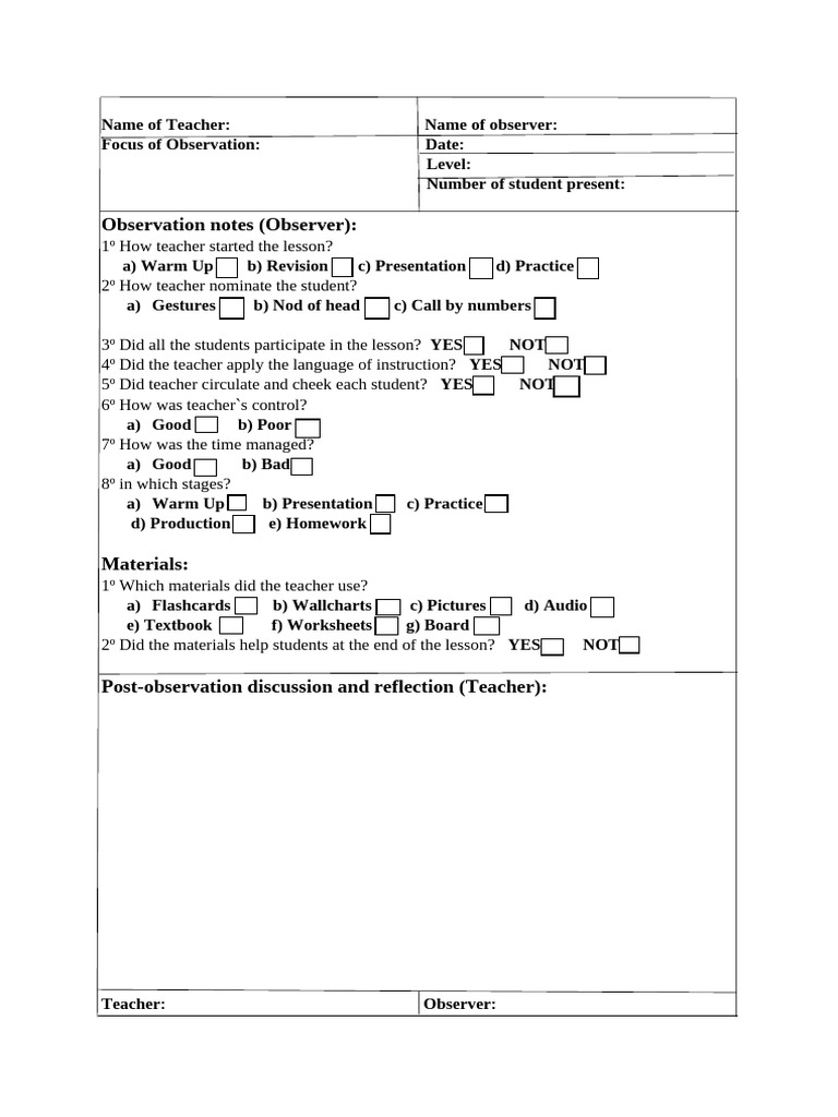 Classroom Observation Checklist Template | PDF