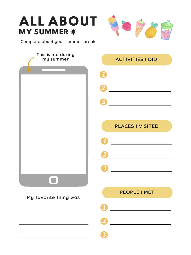 White Yellow Colorful All About My Summer Break Worksheet PDF | PDF