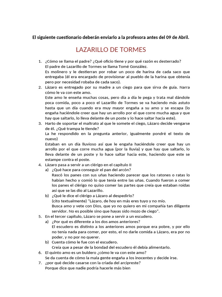 Cuestionario sobre Lazarillo de Tormes | PDF