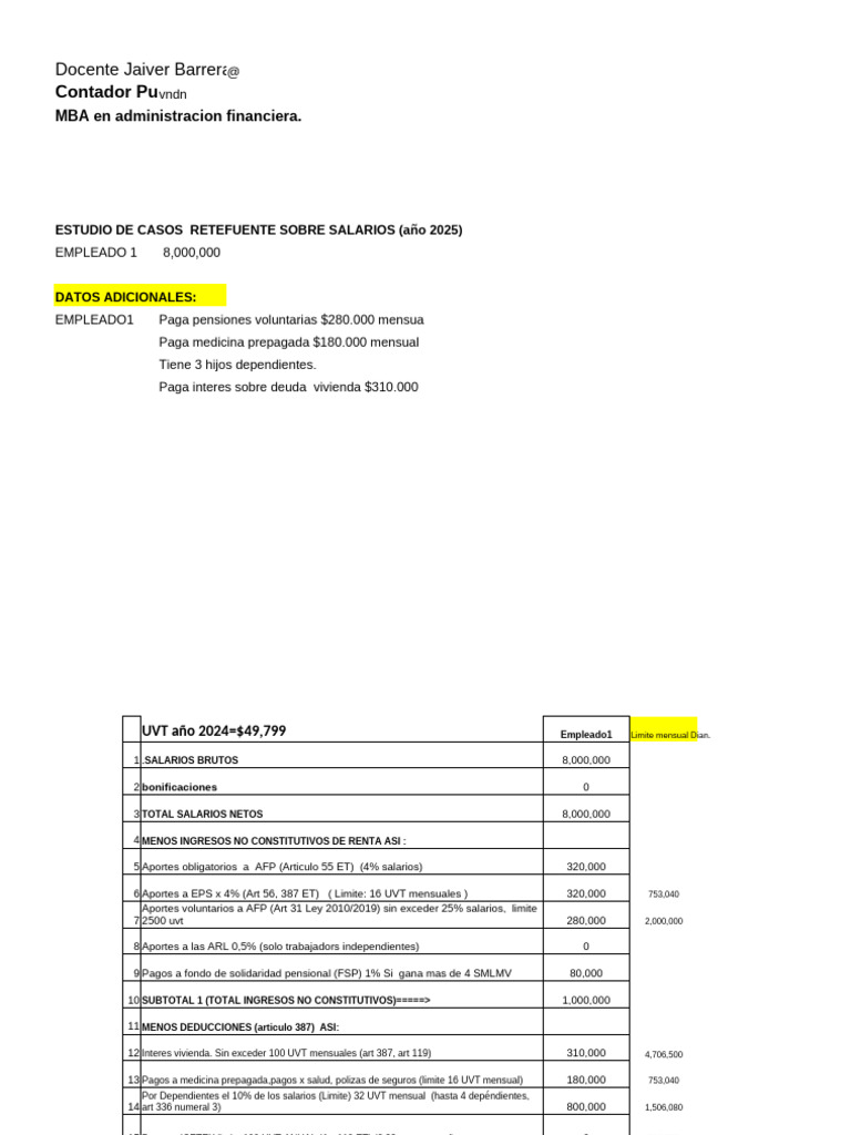 Retefuente Salarios Ejemplo - SLN | PDF | Salario | Jubilación
