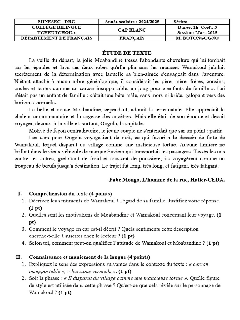 Sujet et épreuve CAP Français 2025 | PDF | Phrase