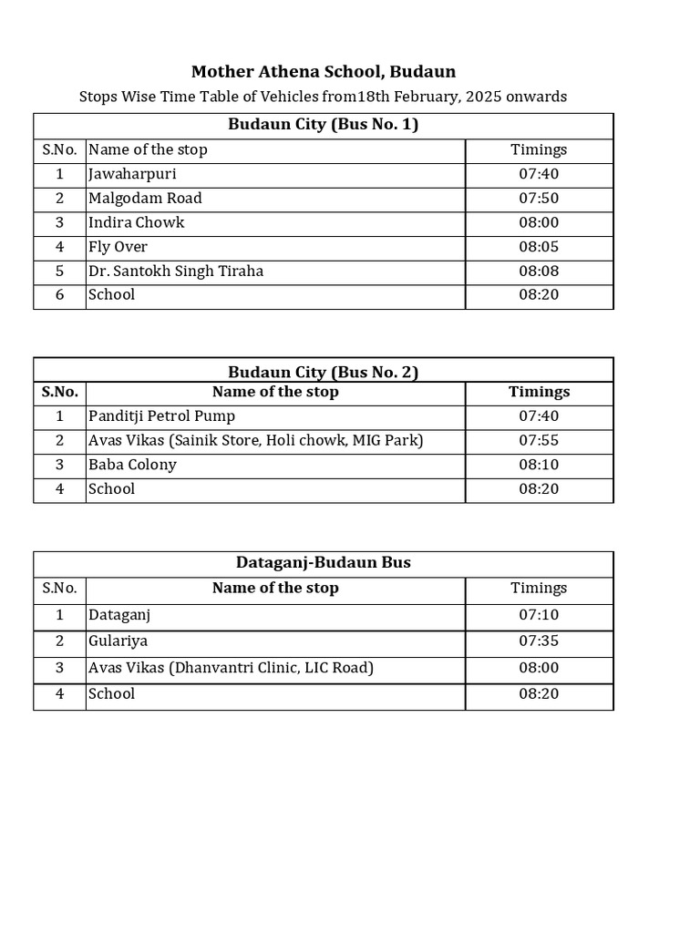 Bus Stops List Time Wise From 18th Feb 2025 Onwards | PDF