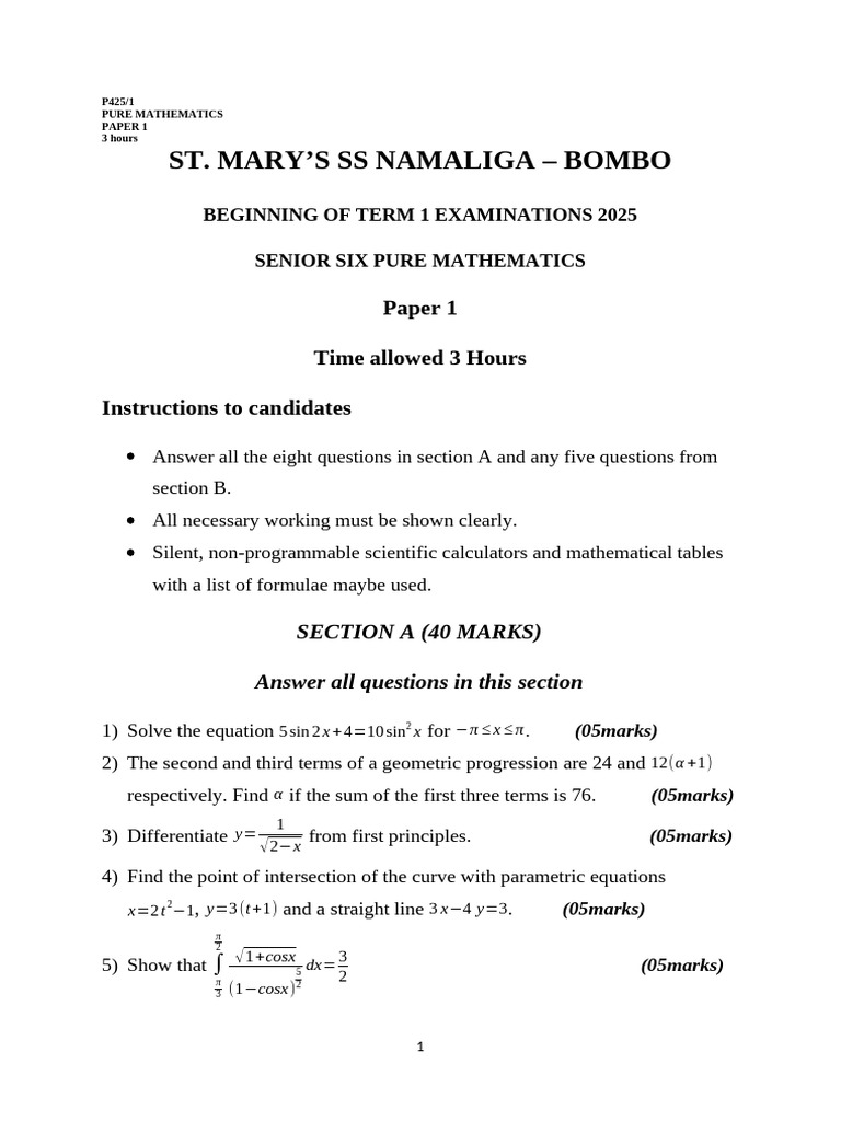 Bot Senior Six Pure Maths | PDF | Pi | Equations
