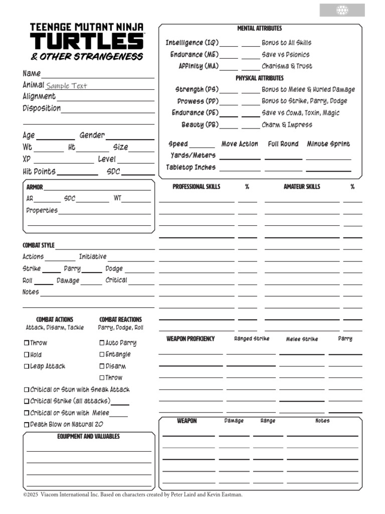 TMNT Character Sheet - Fillable | PDF | Paranormal | Parapsychology