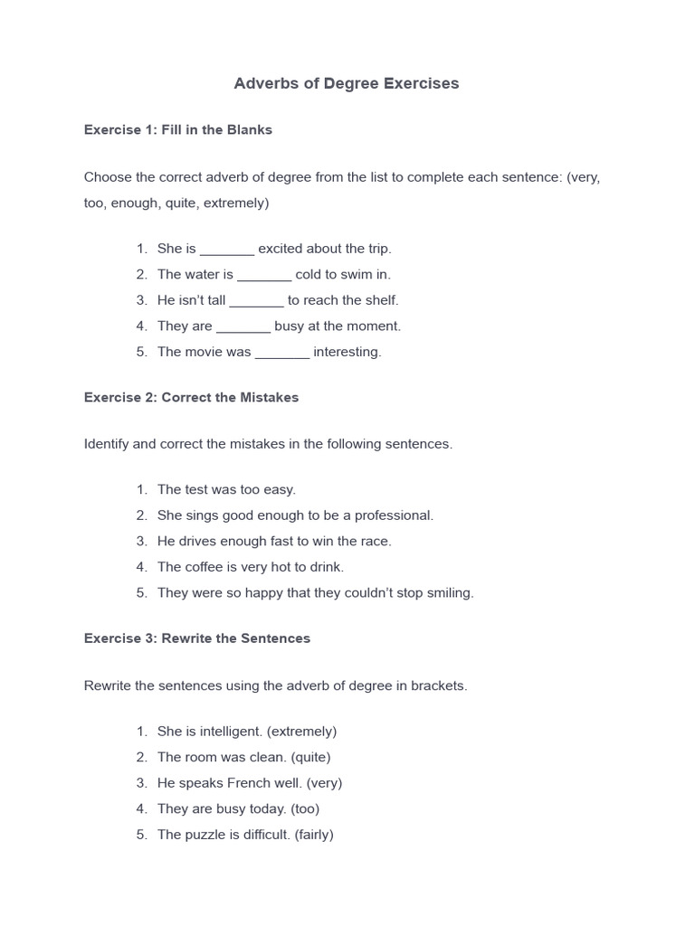 Adverbs of Degree Practice Exercises | PDF
