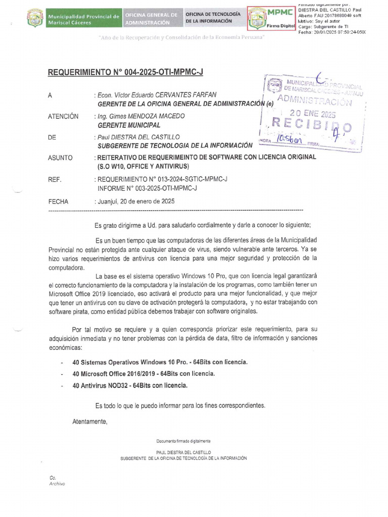 Requerimiento 004 2025 Oti MPMC J | PDF