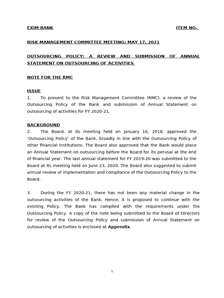 EXIM Bank Outsourcing Policy Review | PDF | Outsourcing | Regulatory ...
