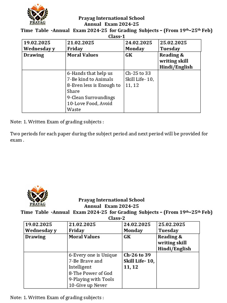 Time Table Annual Exam 2024-25 Grading-1 | PDF | Spirituality