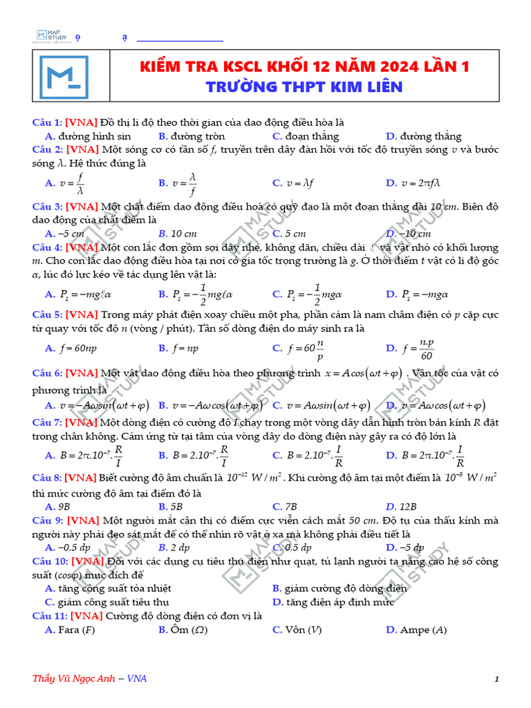38 - THPT Kim LiÃ N - KSCL Láº N 1 - Mã 004 | PDF