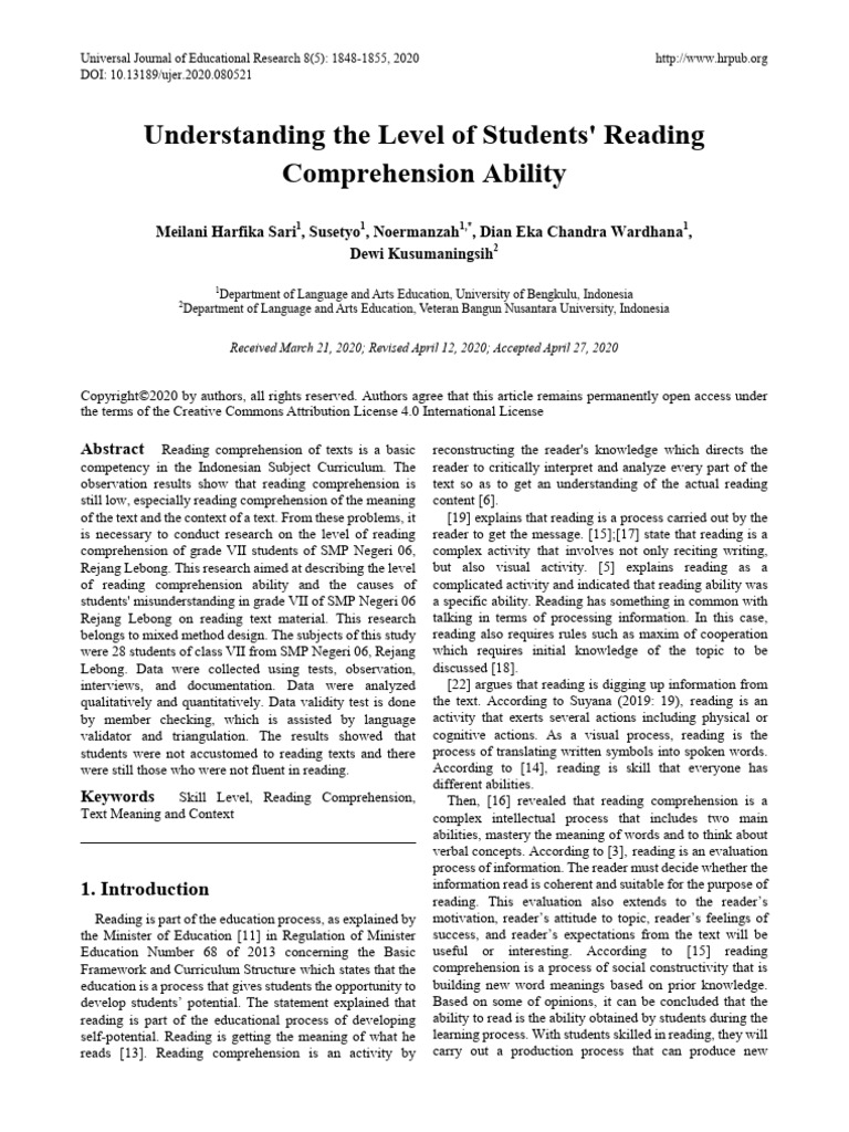 Students' Reading Comprehension Levels | PDF | Reading Comprehension ...