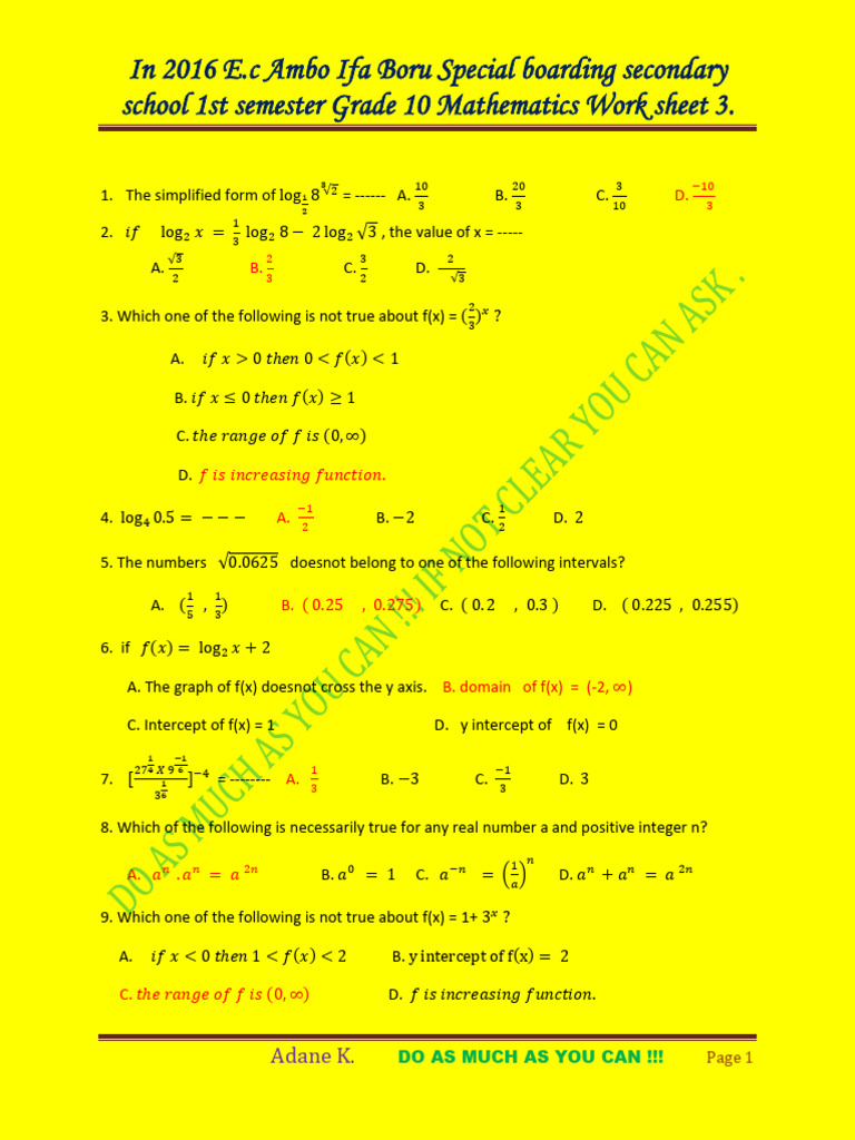 Grade 10 Work Sheet 3-2 | PDF | Logarithm | Complex Analysis