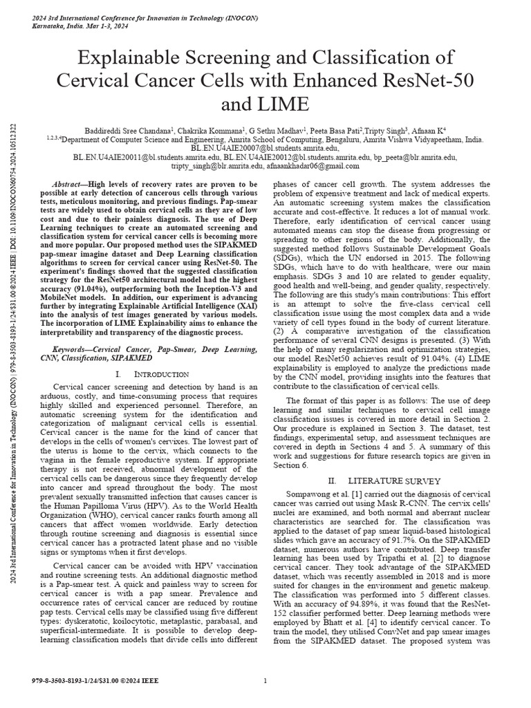 Explainable Screening and Classification of Cervical Cancer Cells With Enhanced ResNet-50 and ...