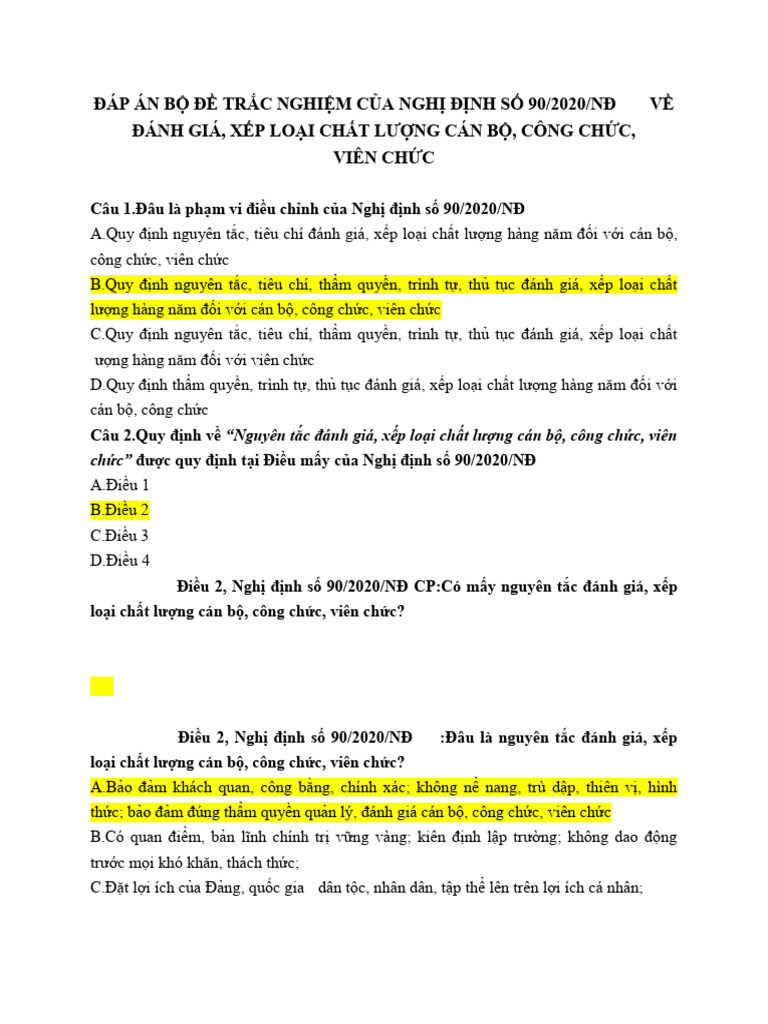 Dap An Bo de Trac Nghiem Cua Nghi Dinh So 90.2020 Ve Danh Gia Xep Loai Chat Luong CBCC | PDF