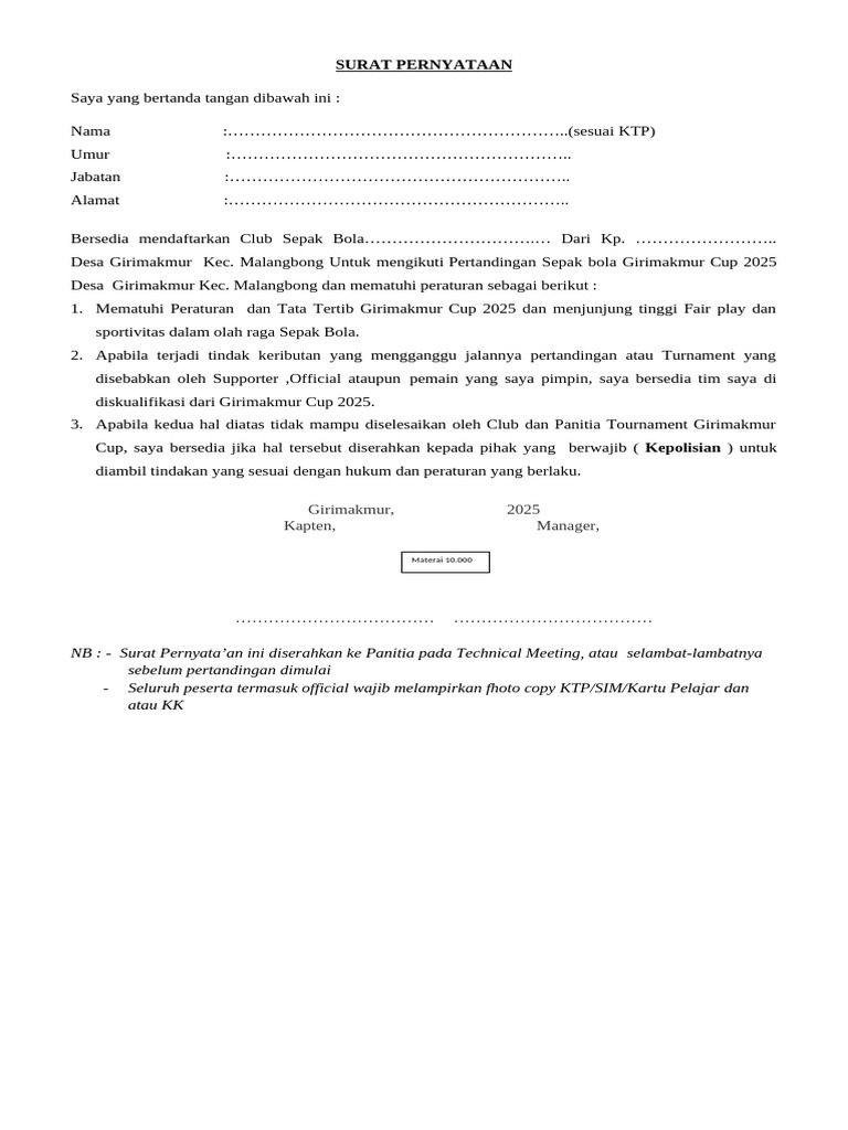 Surat Pernyataan Club Dan Formulir | PDF