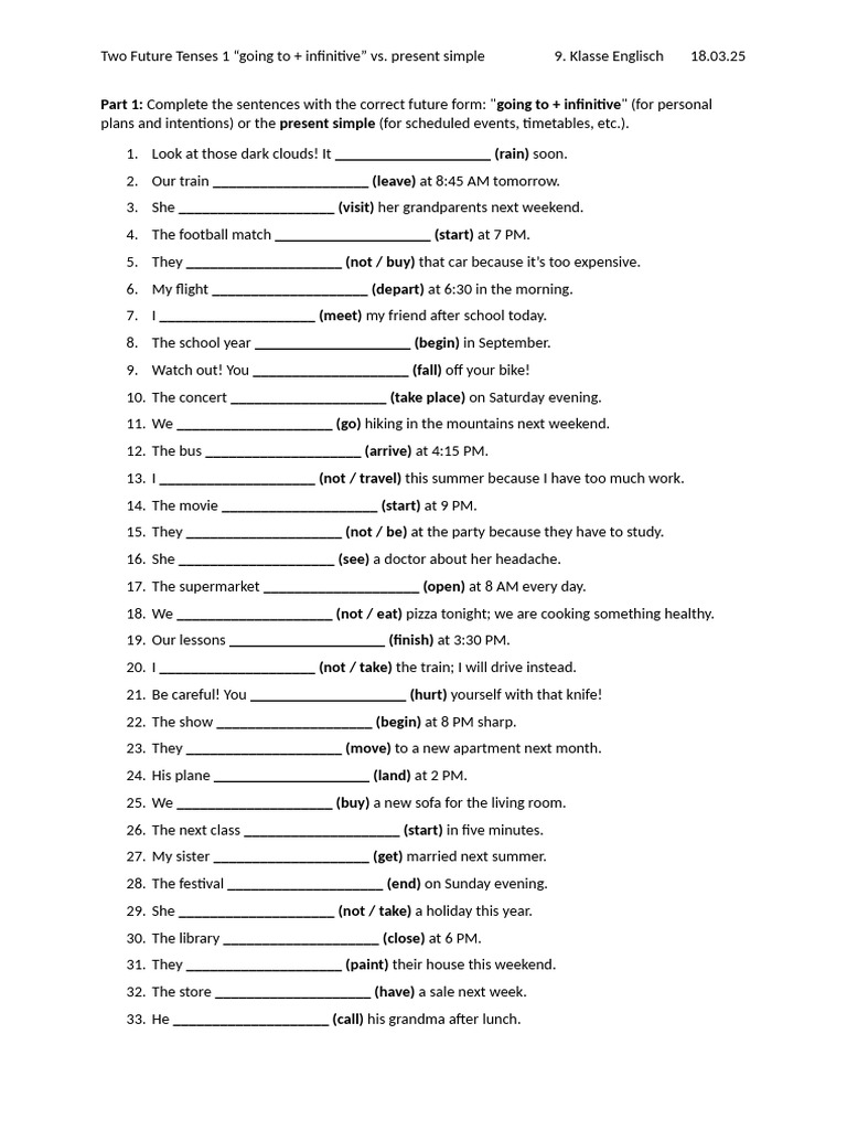 Two Future Tenses 1 Going To + Infinitive Vs Present Simple | PDF
