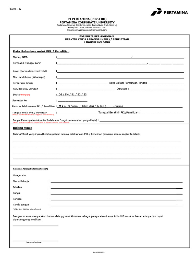 Form A - Permohonan PKL Atau Penelitian - Mei 2023 | PDF