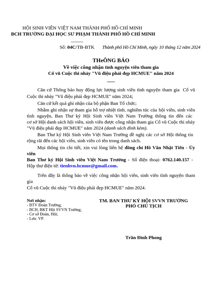 TB04C - Thong-bao-Cong-nhan-SV-tham-gia-co Vu Cuo Thi Vu Dieu Phai Dep HCMUE | PDF