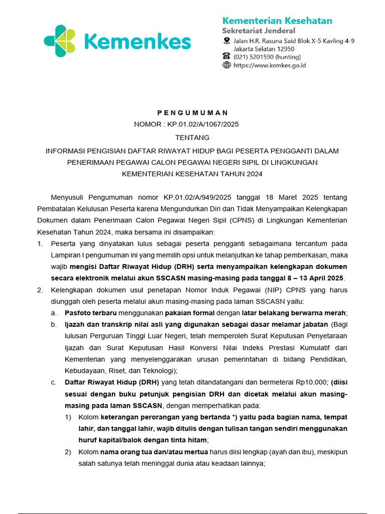 Pengumuman Informasi Pengisian DRH CPNS Pengganti v2 | PDF