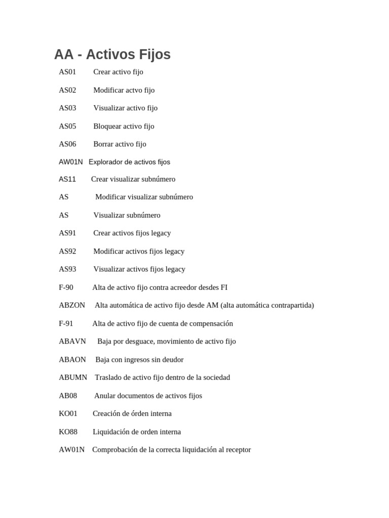 Lista Transacciones SAP | PDF | Contabilidad | Activo fijo