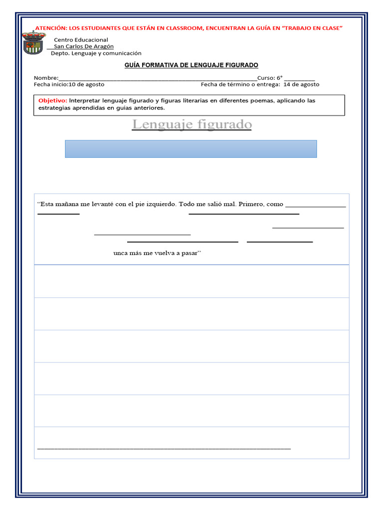 6° Básico Lenguaje Guía Formativa Lenguaje Figurado y Figuras ...