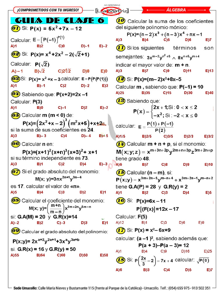 ÁLGEBRA - OPERACIONES | PDF