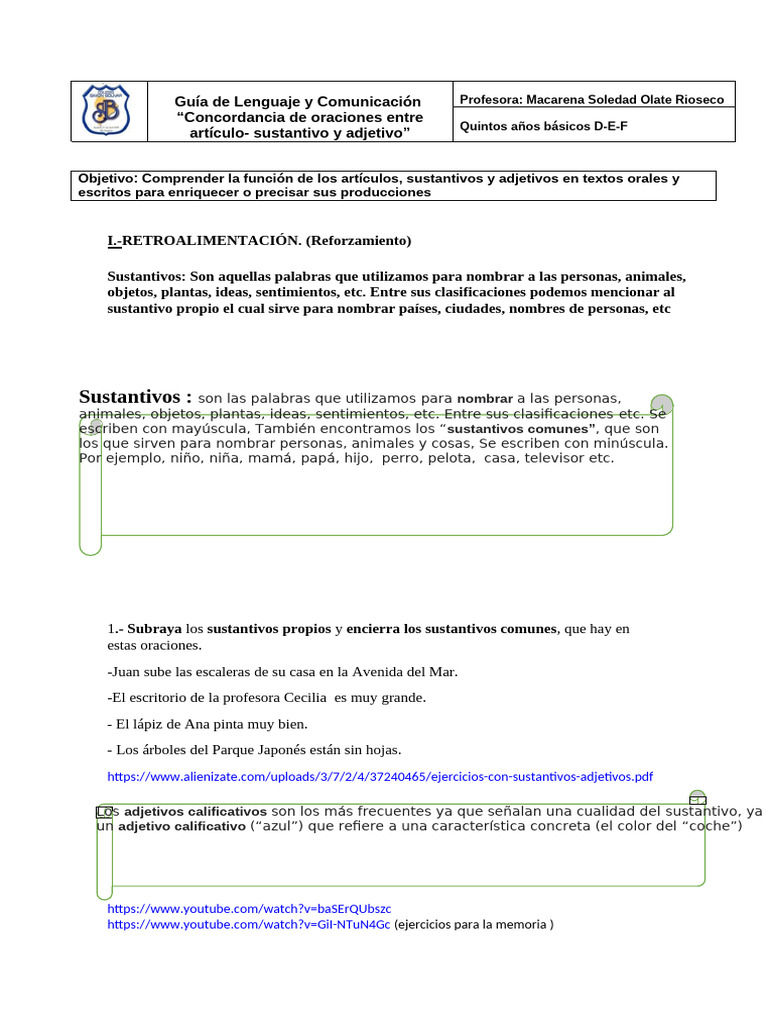 Guia. 5 Leng, Art - Sust.adjet. | PDF | Numero Gramatical | Género gramatical