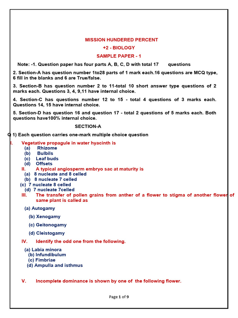 Sample Paper +2 Biology 1 (15.01.23) | PDF | Restriction Enzyme ...
