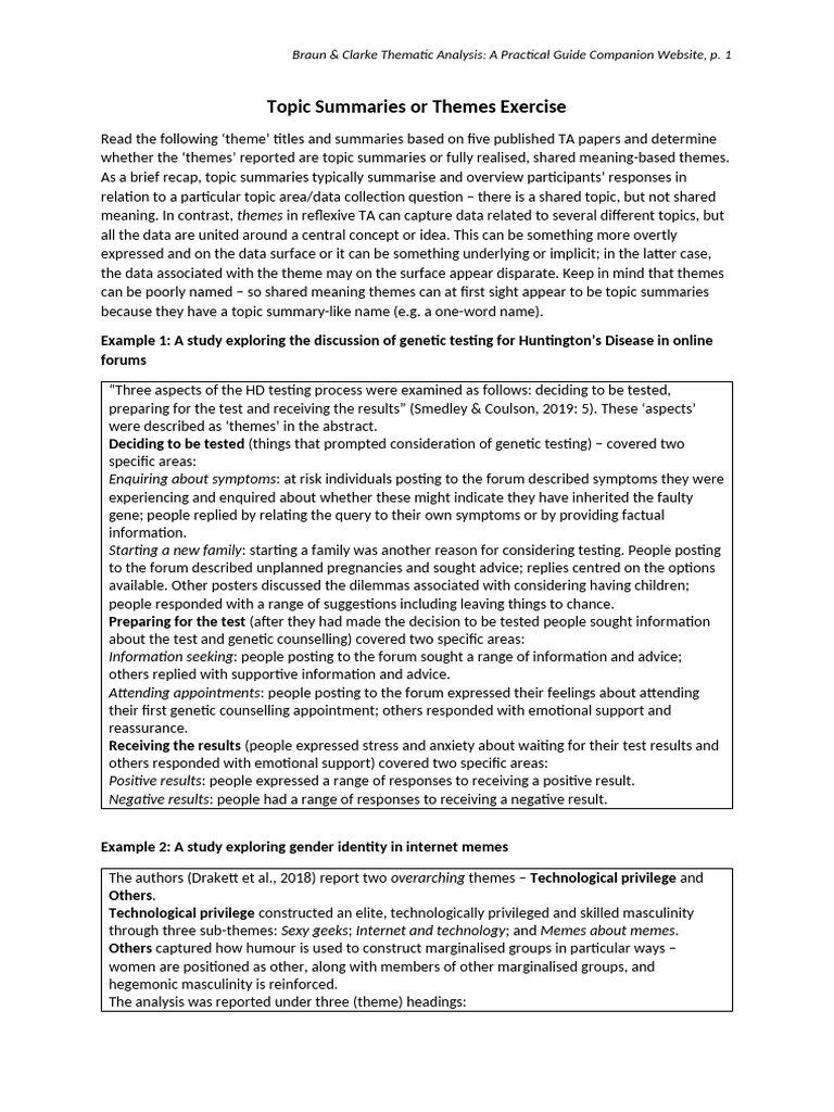 Topic Summaries or Themes Handout | PDF | Self Efficacy | Thought