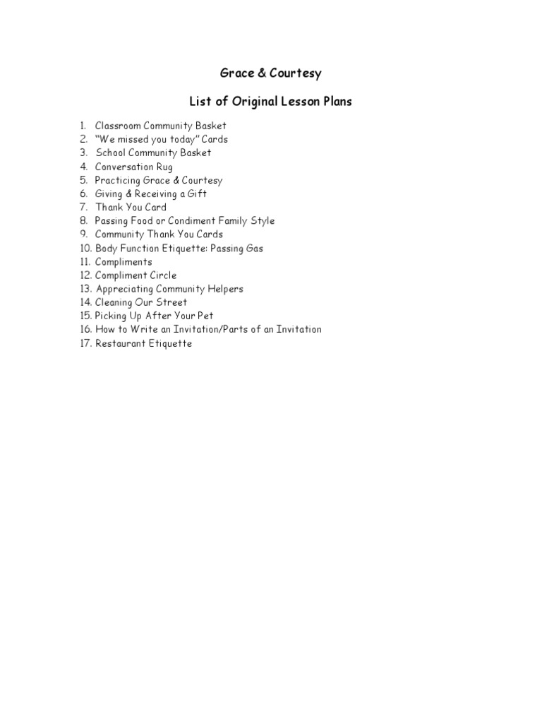 Grace & Courtesy List of Original Lesson Plans