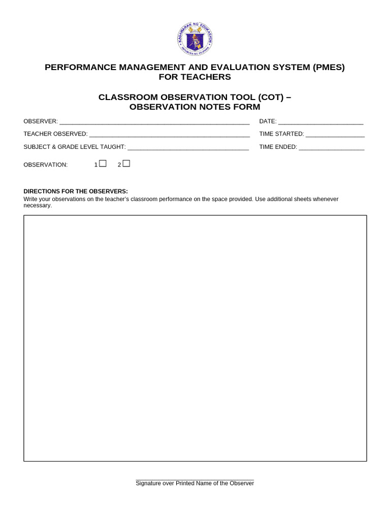 COT Observation Notes Form Template | PDF