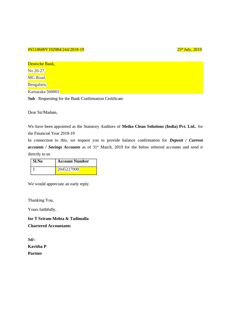 Bank 3rd Party Confirmation | PDF