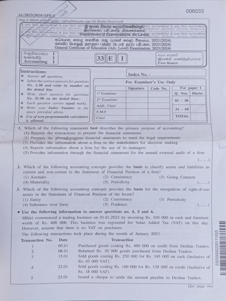 2023 AL Accounting Past Paper - Questions 1 - Marking Scheme | PDF
