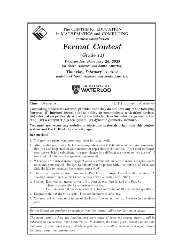 2025 Fermat Contest Details | PDF | Mathematics
