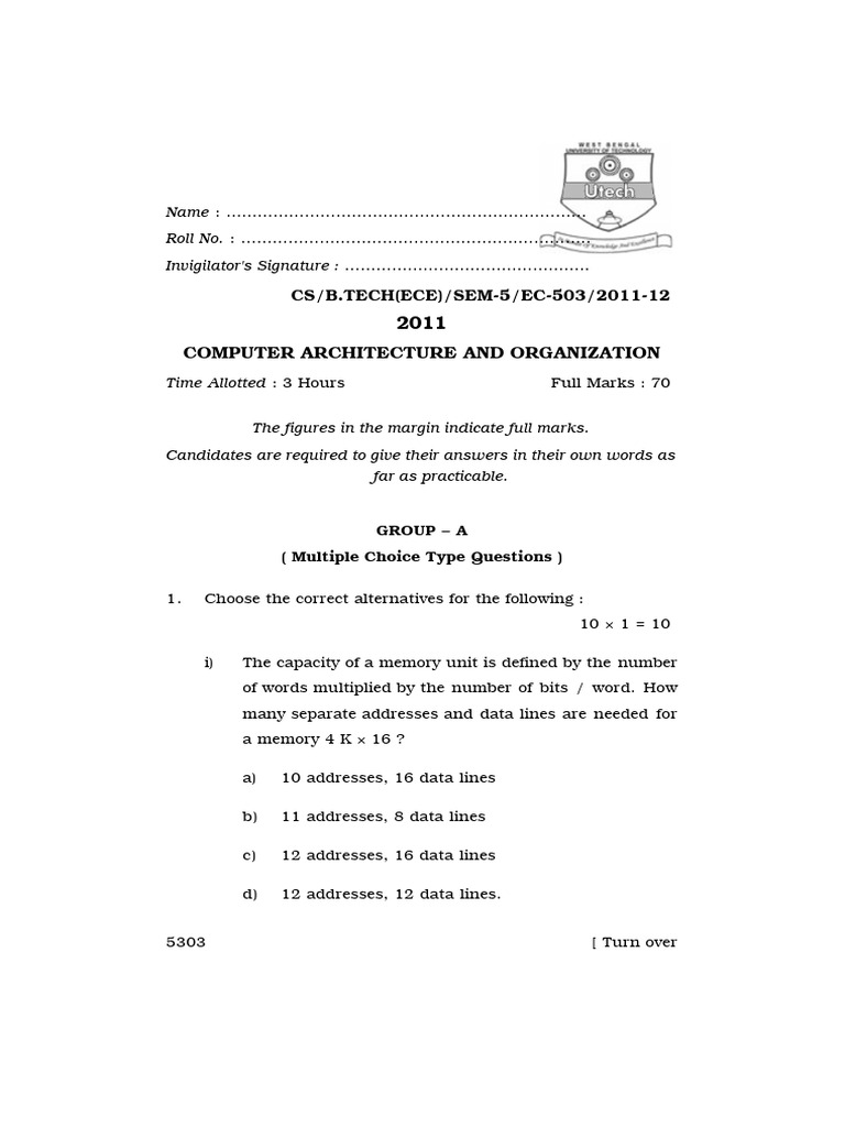 Btech Ece 5 Sem Computer Architecture and Organization 2011 | PDF | Central Processing Unit ...