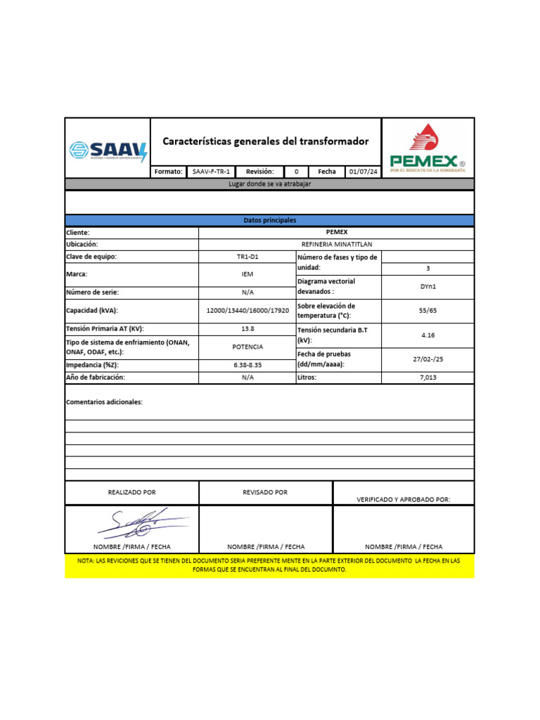 Pruebas Electricas Finales TR1-D1 Refi Mina - 27-02-25 | PDF | Transformador | Electromagnetismo