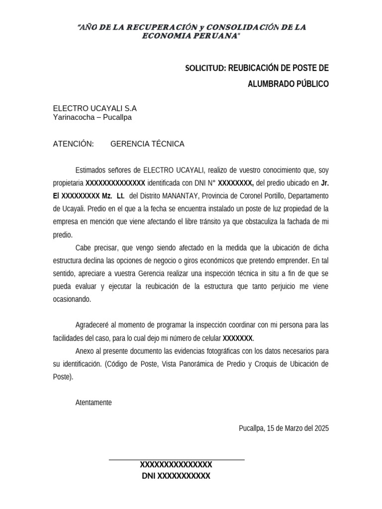 Solicitud Reubicacion de Poste Alumbrado Público | PDF