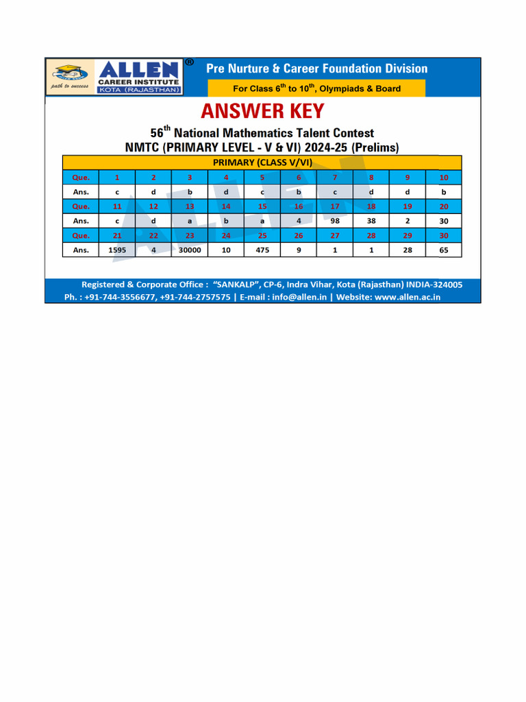 NMTC Primary Group 5 6 Answer Key | PDF