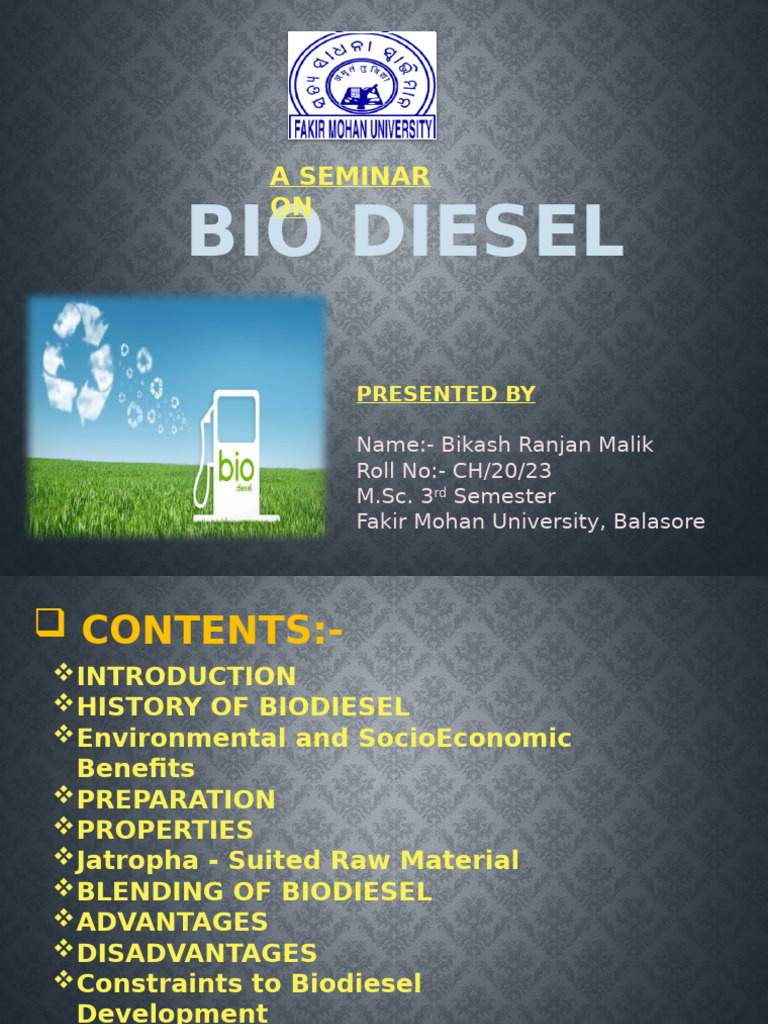 A Seminar On Biodiesel | PDF | Biodiesel | Diesel Fuel